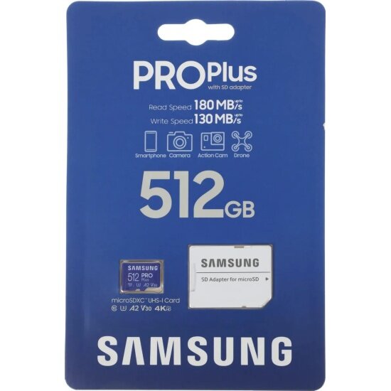Карта памяти Samsung microSDXC 512Gb Pro Plus UHS-I U3 V30 A2 180Mb/s