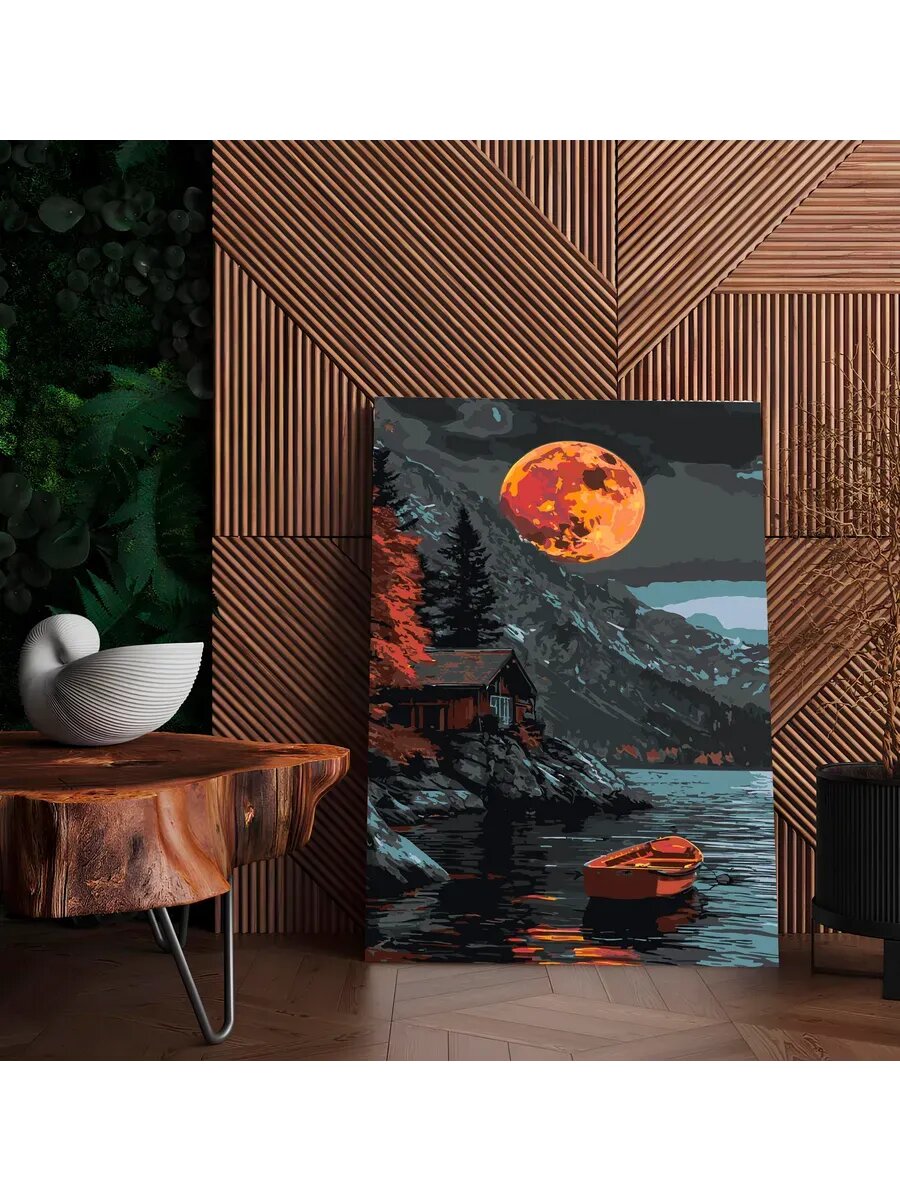 Картина по номерам Пейзаж-Луна-Домик у озера