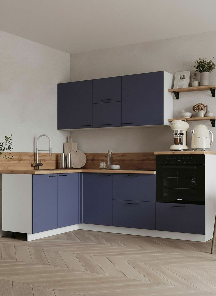 ARNIKA Кухонный гарнитур со столешницей "Дакия" угловой 1,5м*2,25м (без пм) , цвет ежевика (синий), фасад пленка ПВХ