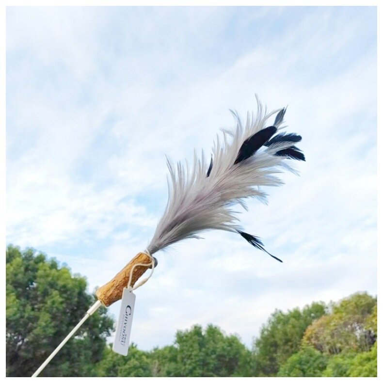 Кошачья игрушка супер-длинный стек с куриным хвостом/страусиные перья. Сменная головка для коктейлей серая