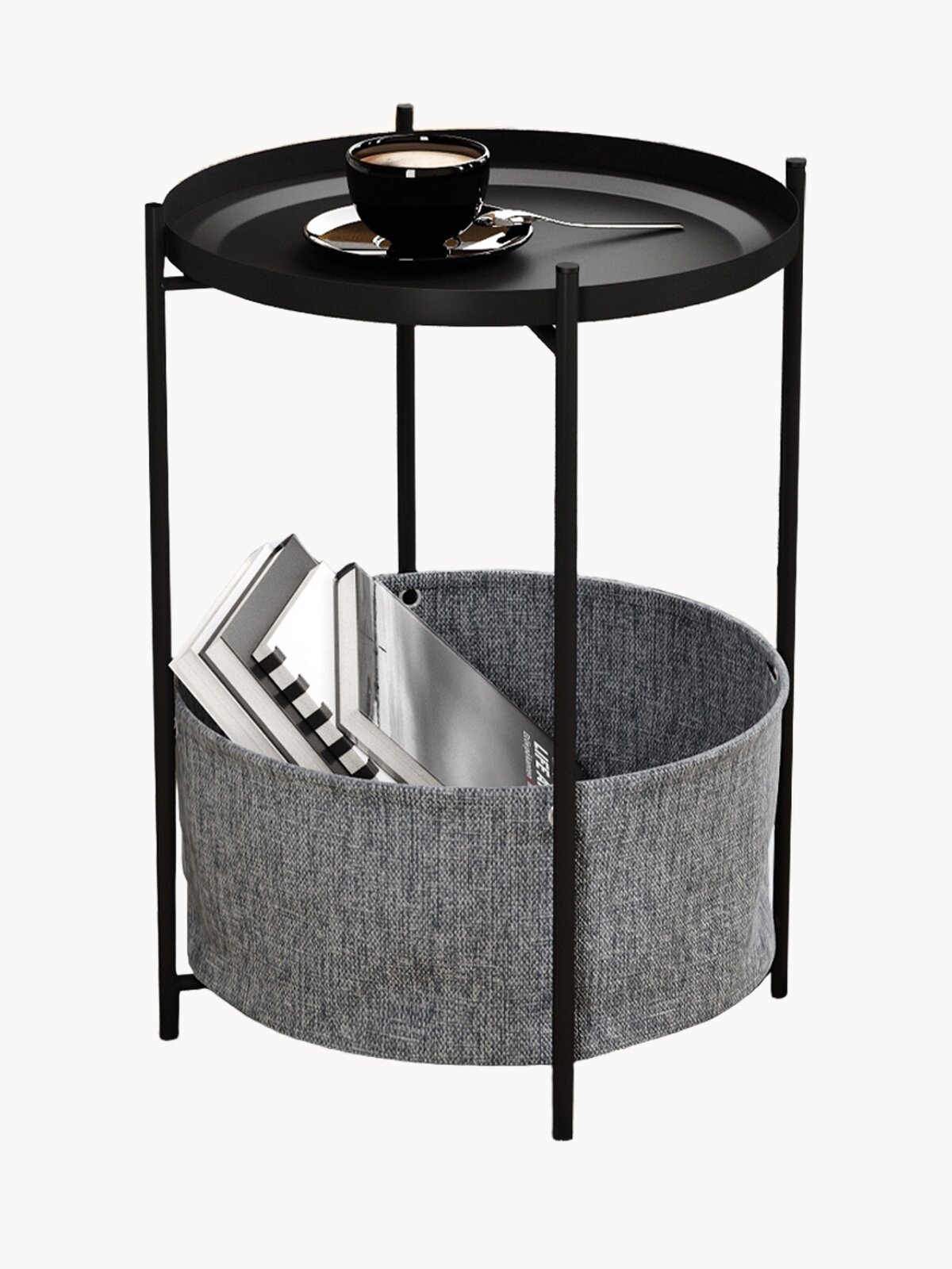 Стол журнальный IFERS Берген металический, съемная столешница - поднос, с полкой рогожка 82/39/черный муар