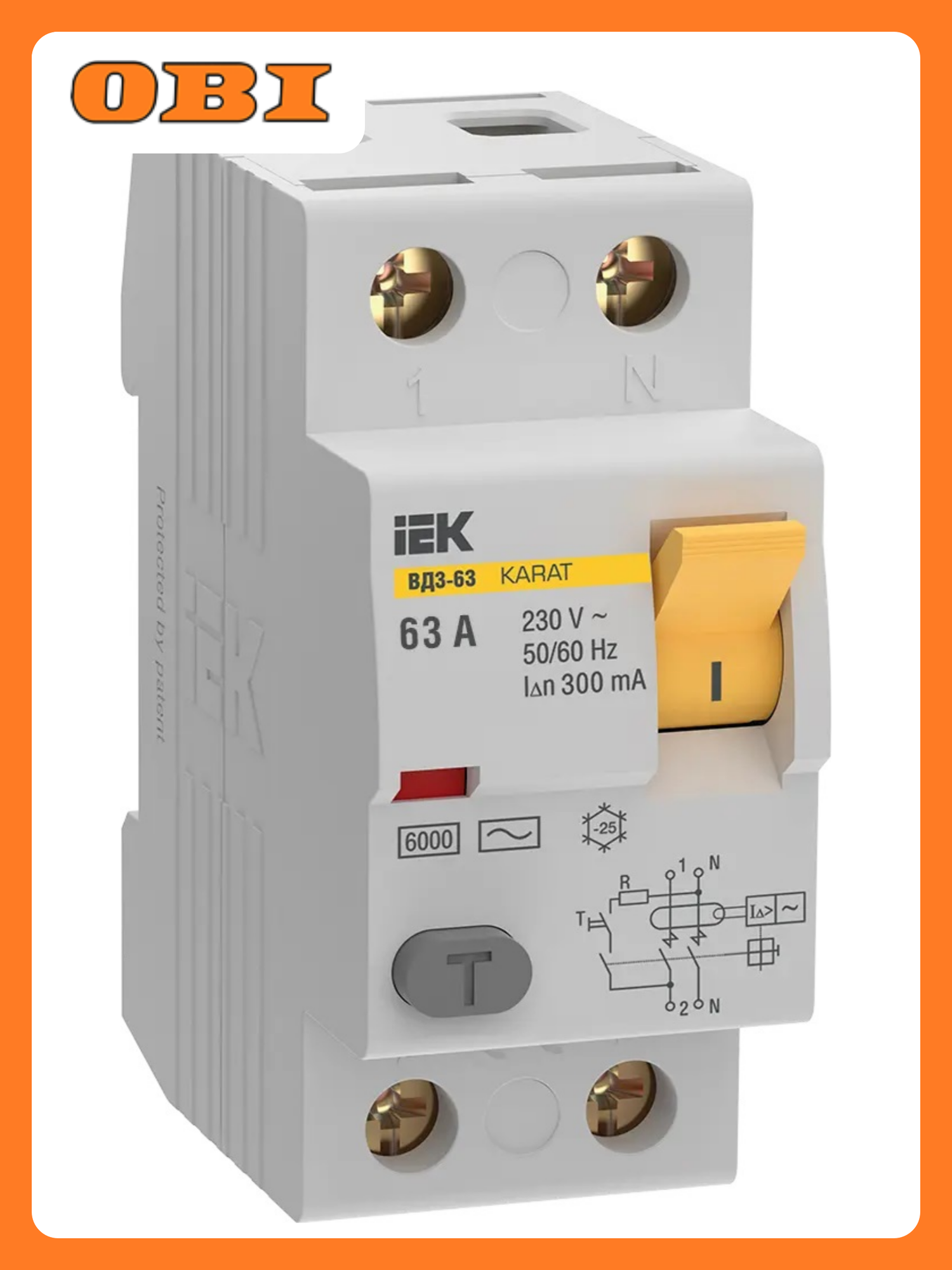 Выключатель IEK УЗО KARAT ВД3-63, 2P, 63A, 300mA, 6kA, тип AC