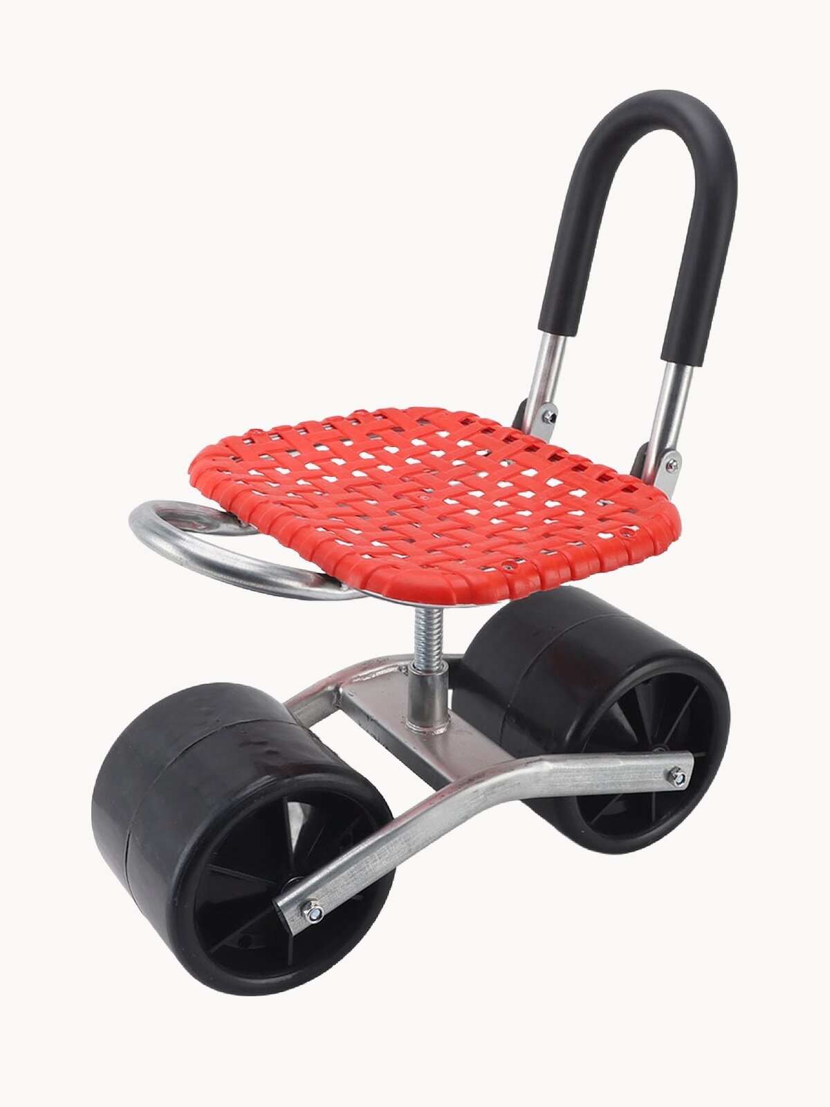 Садовый Красный стул с колесами – регулируемая высота, вращающееся сиденье и полка. Удобен для теплицы и сбора урожая