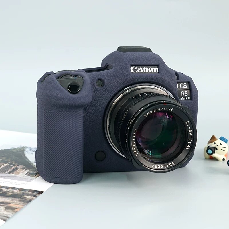 Премиум-кейс для Canon R5 II из силикона с личи-текстурой - Синий для защиты зеркальной камеры
