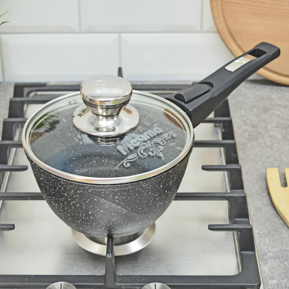 Ковш 1.2л Гранит black со съемной ручкой и стеклянной крышкой