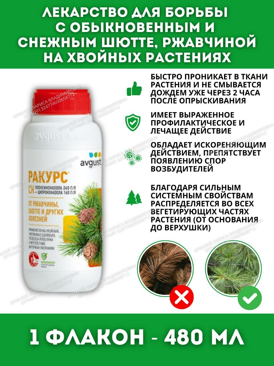 Ракурс - лекарство для борьбы с шютте, ржавчиной на хвойных растениях 480 мл