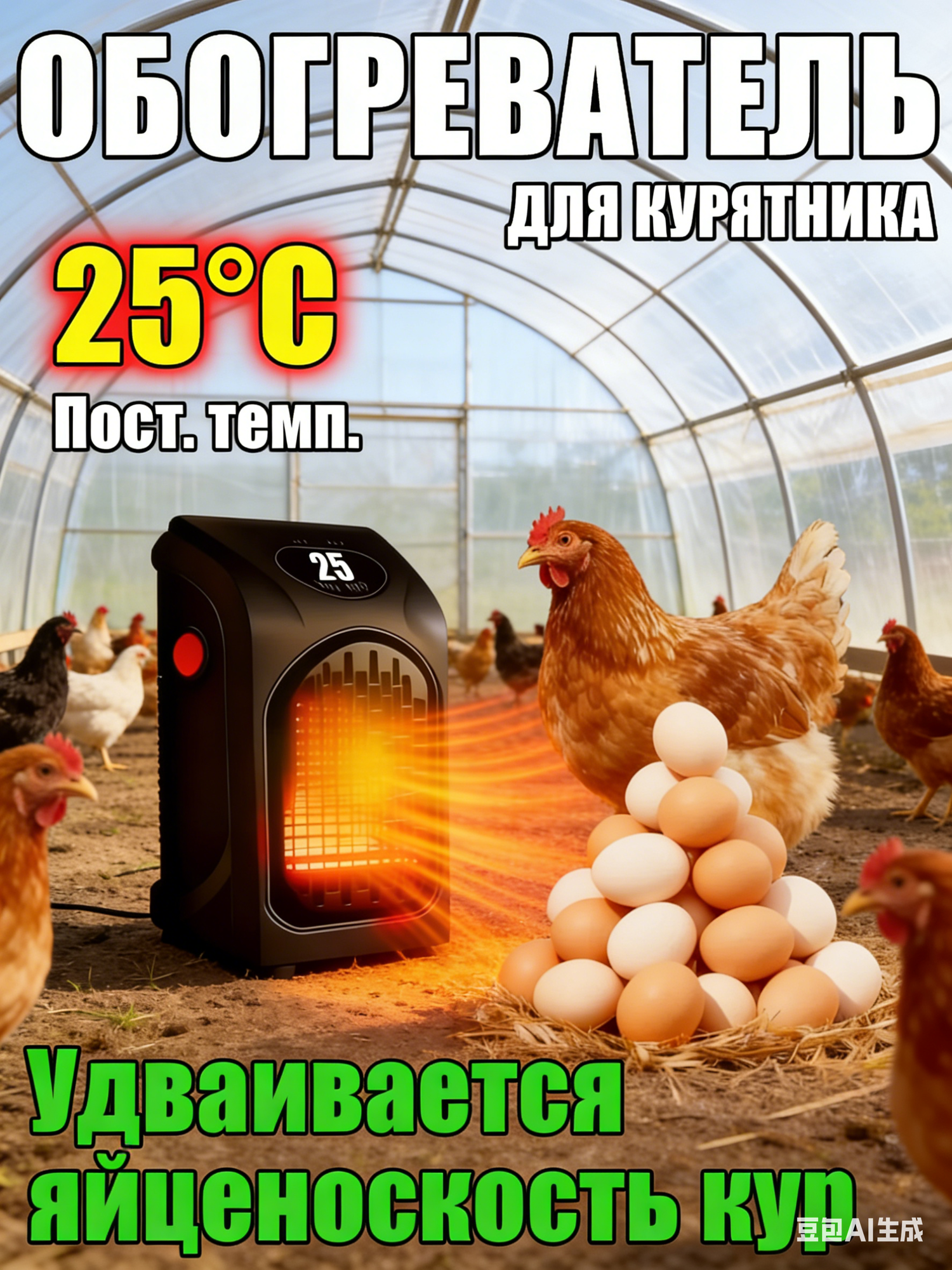 Безопасный обогреватель для курятника. Чёрный, габариты 20×20×10 см, работает от розетки.