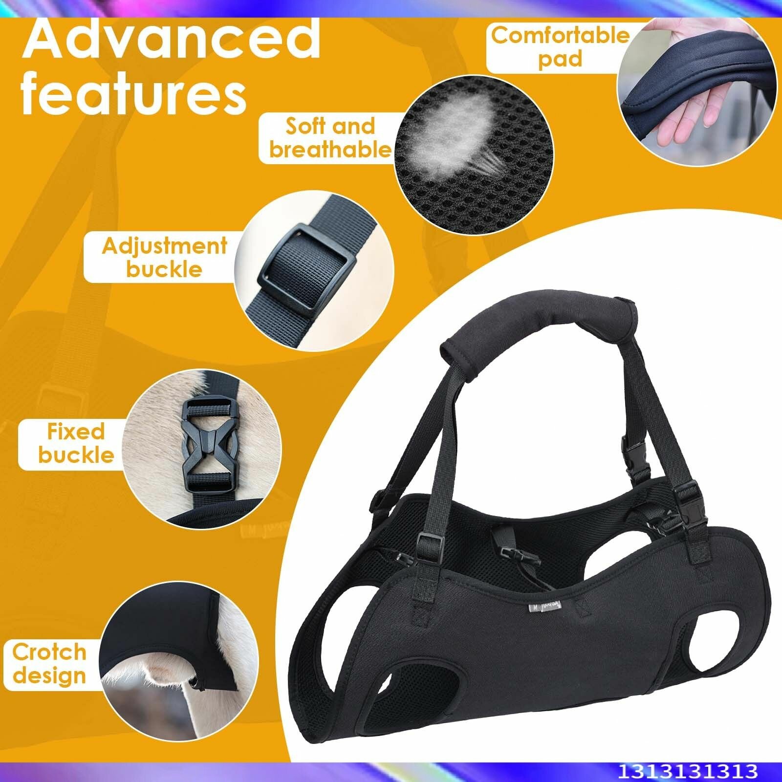 Реабилитационная шлейка премиум для пожилых или травмированных собак, выполнена из черного оксфорда