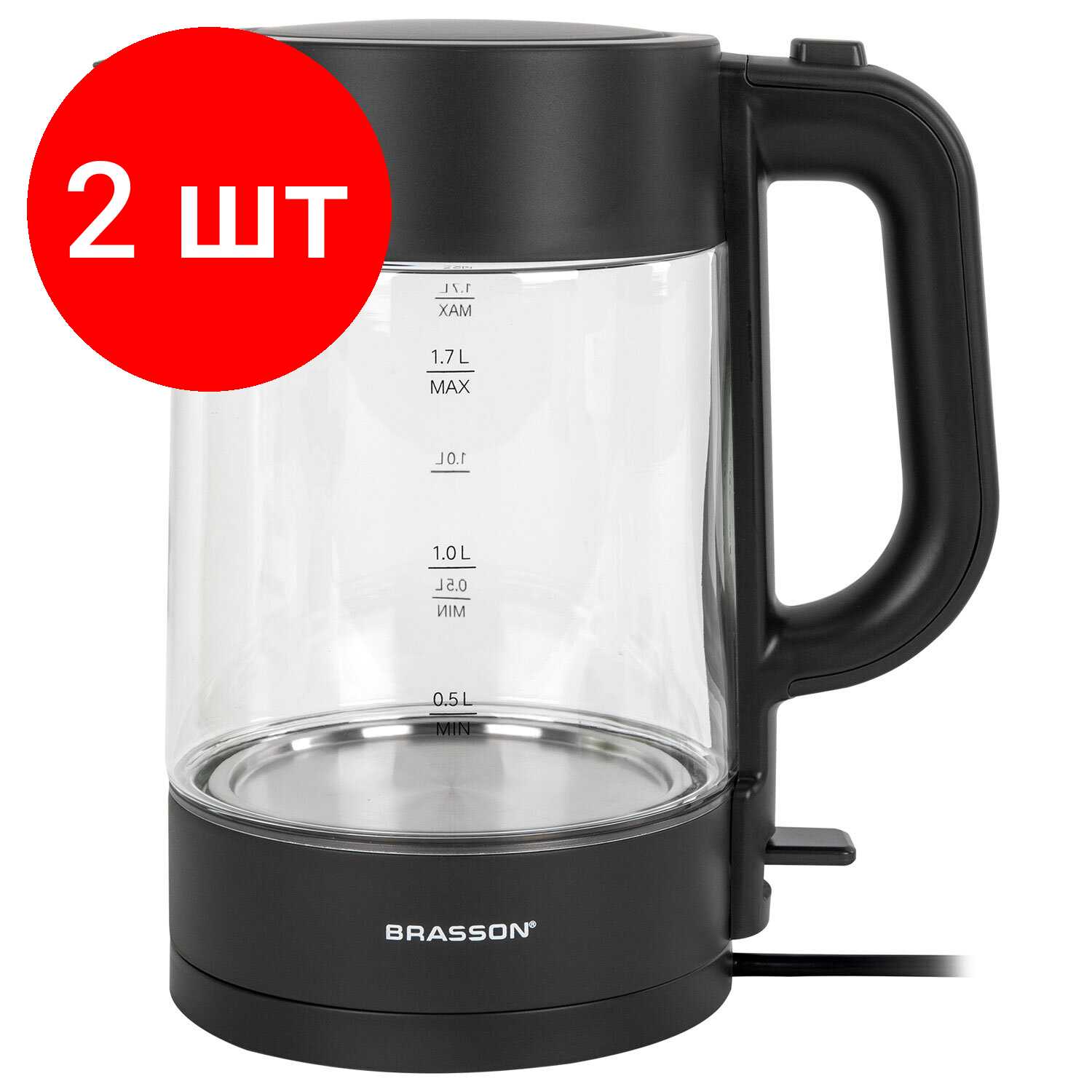 Комплект 2 шт, Чайник BRASSON (брассон) KT-727, 1.7 л, 2200 Вт, стекло, графит, подсветка, 455190