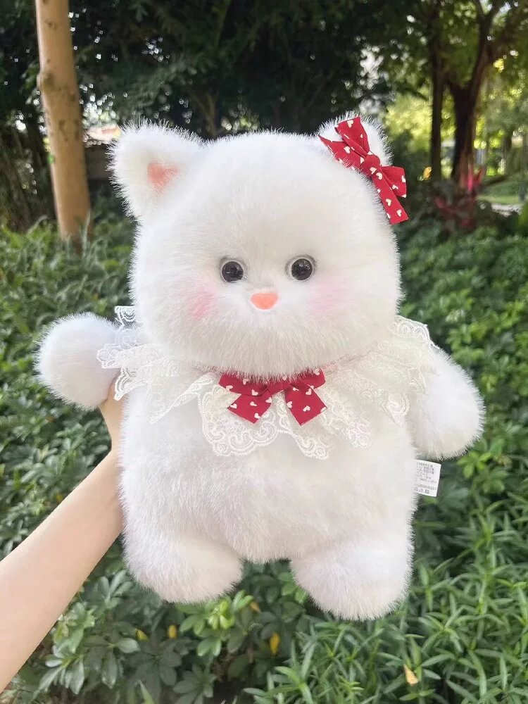 Мягкая игрушка-котенок в белом цвете с красным бантом и заколкой, 35 см, уютная подушка для сна, милый подарок для
