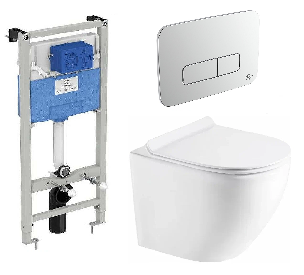 ПЭК: Инсталляция Ideal Standard PROSYS FRAME R020467 с панелью смыва хром R0121AA и безободковым унитазом с быстросъемным сиденьем микролифт