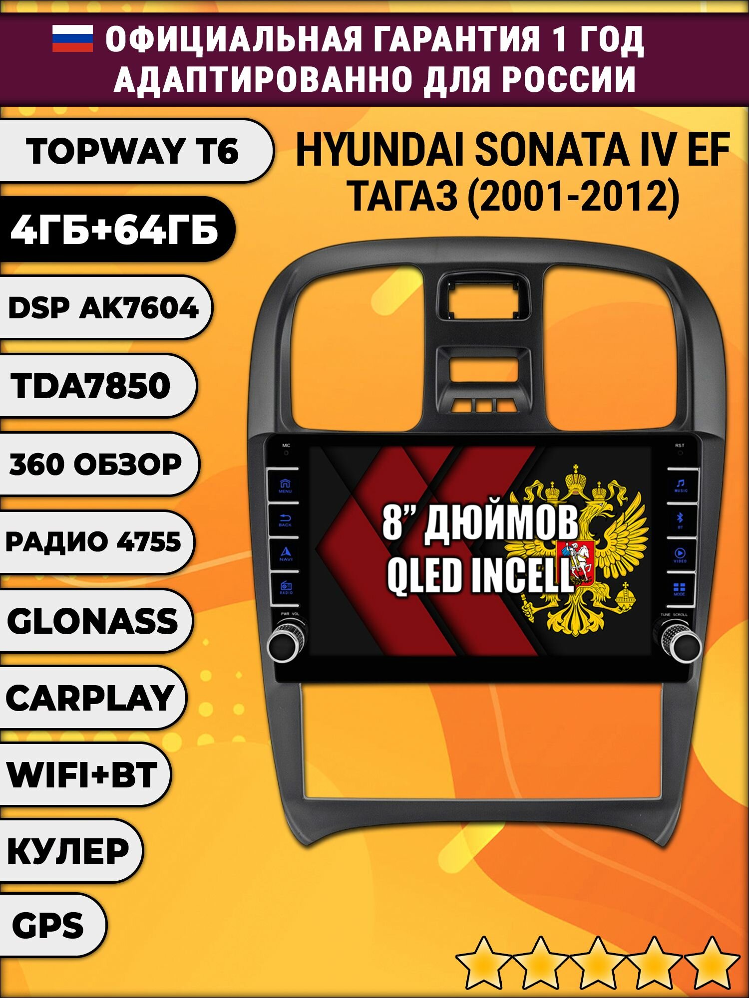 4гб+64гб с DSP и 360 для HYUNDAI SONATA IV (EF), тагаз (2001-2012), Android магнитола с DSP и усилителем TDA7850