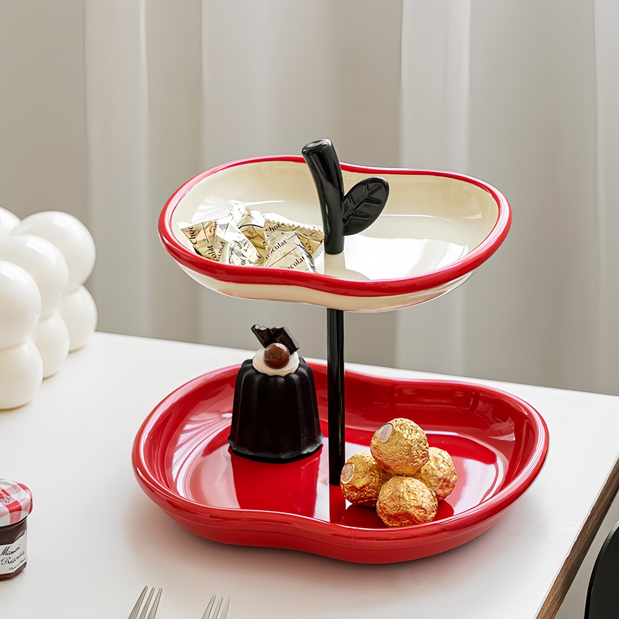 Конфетница ， Керамическая тарелка для фруктов，2-слойная фруктовая тарелка，яблоко，Красный + белый