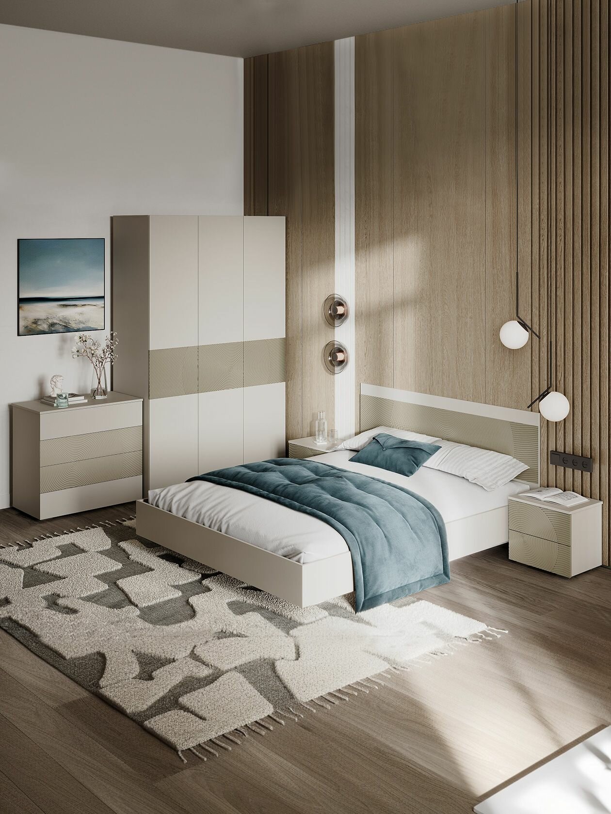 Спальный гарнитур, комплект Атлантис кровать, комод, тумба, шкаф, Кашемир / Флан матовая