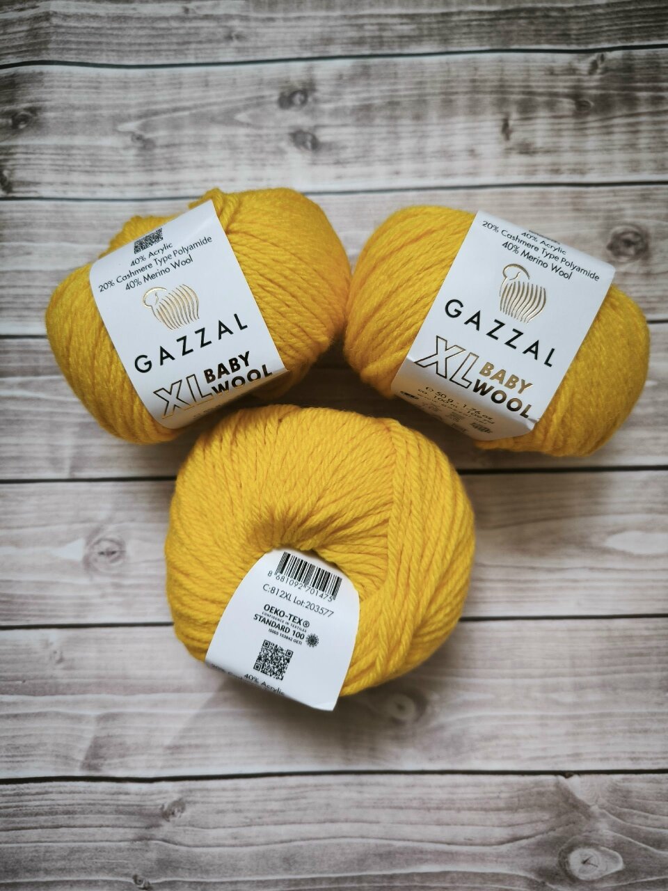Пряжа Gazzal Baby wool XL, цвет 812 xl жёлтый, набор 3 мотка, вес мотка 50 гр, длина нити 100 м
