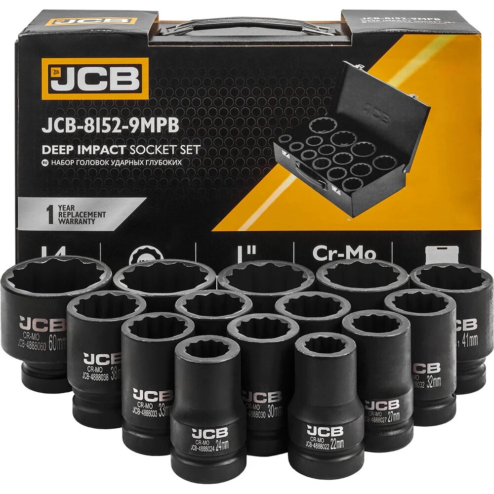Набор головок ударных глубоких JCB 1DR 14 предметов (12 граней) (22,24,27,30,32,33,34,36,38,41,46,50,55,60мм) JCB-8152-9MPB(64929)