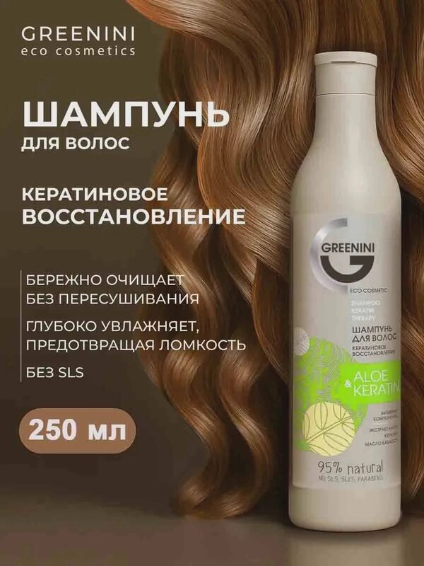 Greenini Шампунь ALOE & KERATIN Кератиновое восстановление, 250 мл