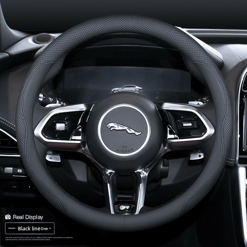 Накладка на руль Jaguar из натуральной кожи, круглая, черная строчка без логотипа