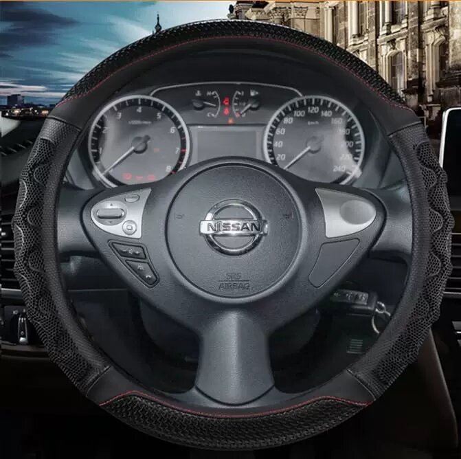Чехол из кожи с пчелиными сотами для руля Nissan Qashqai, X-Trail, Altima, Kicks, Sylphy - Круглая форма - Черный -