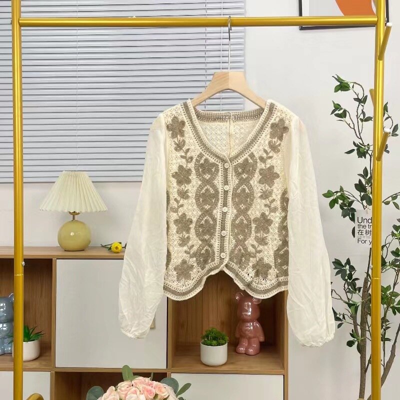 Французский стиль женская блузка весна новый нишевый дизайн ажурная вязаная лоскутная шифоновая блузка с длинным рукавом нерегулярного кроя для женщин