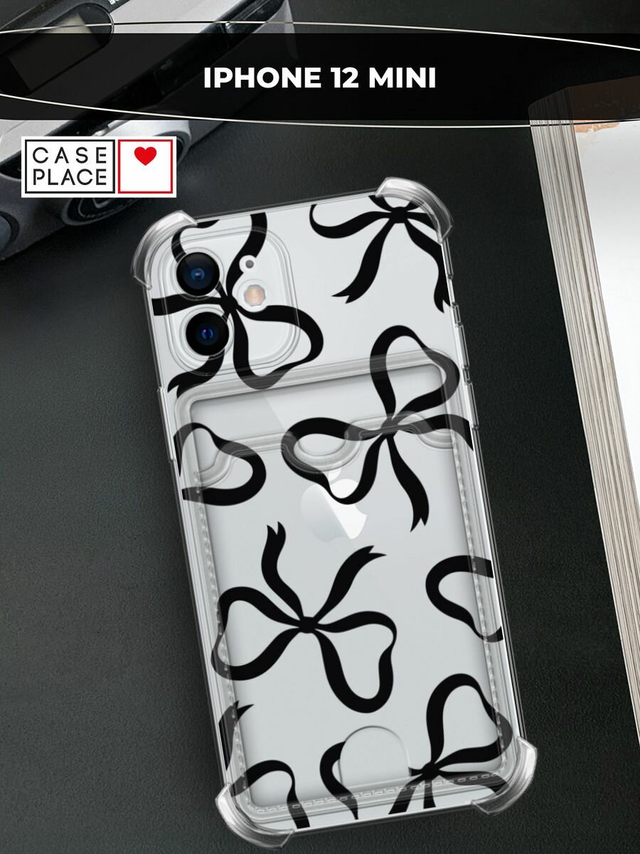 Чехол на Apple iPhone 12 mini (Айфон 12 Мини) с картой и принтом Черные бантики