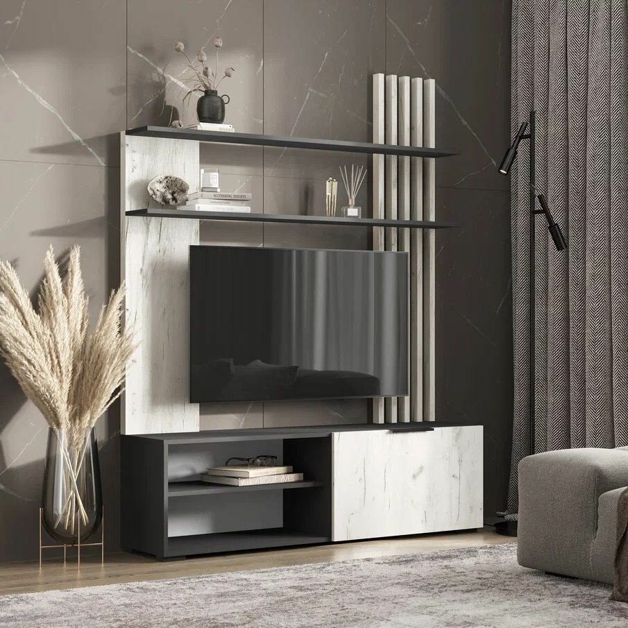 Стенка в гостиную под телевизор Роджина, мебель с полками и секциями для хранения, 140х35х181 см, Графит/Дуб крафт белый
