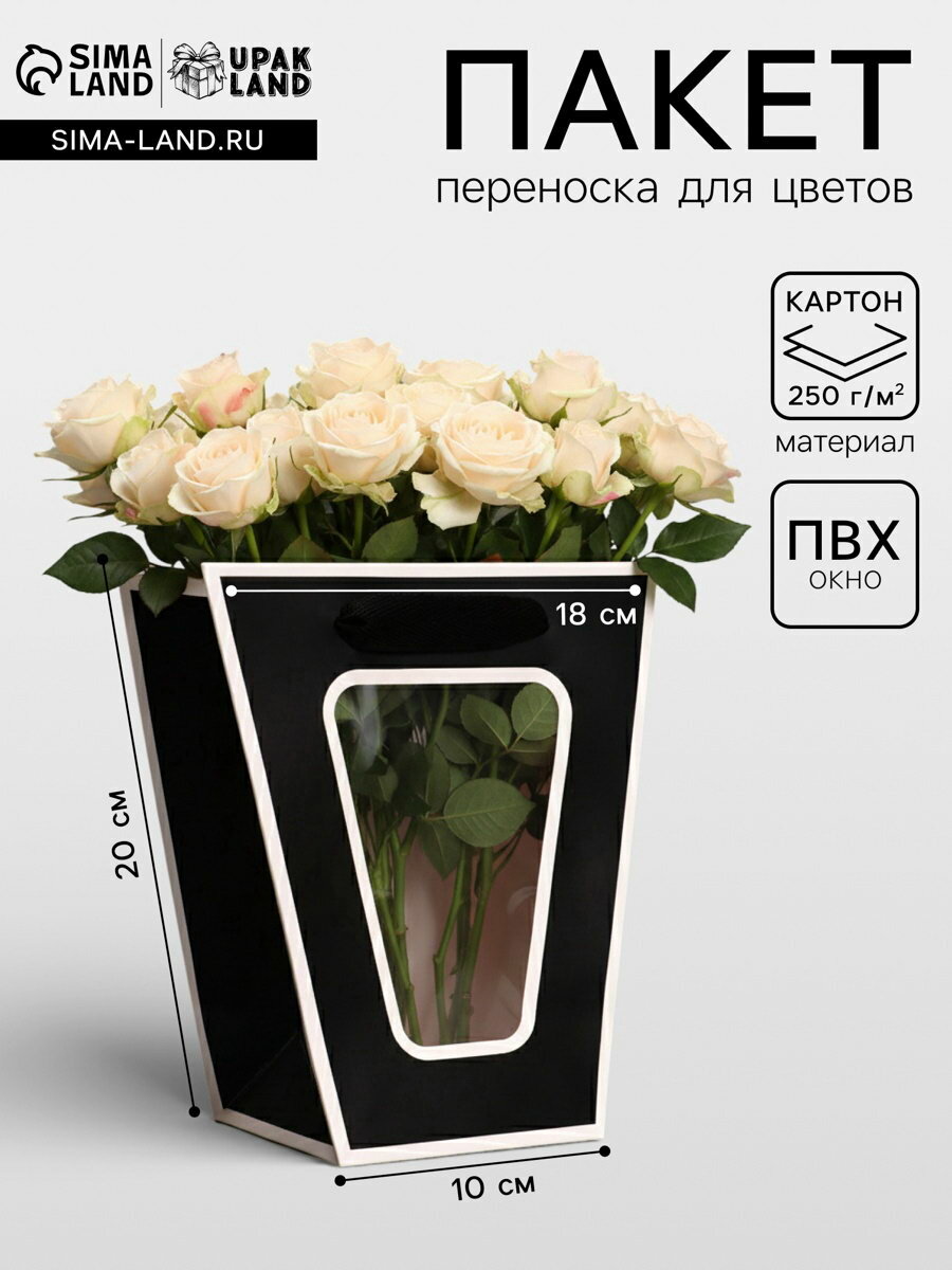 Пакет - переноска для цветов 10x10x20x18 см, чёрный с каймой, 12 шт.