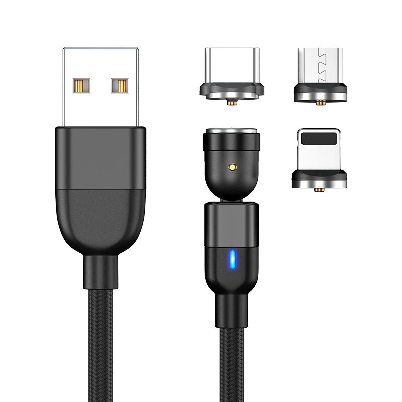Магнитный кабель 3 в 1, черный, 0.5м, USB C/Micro USB/Lightning