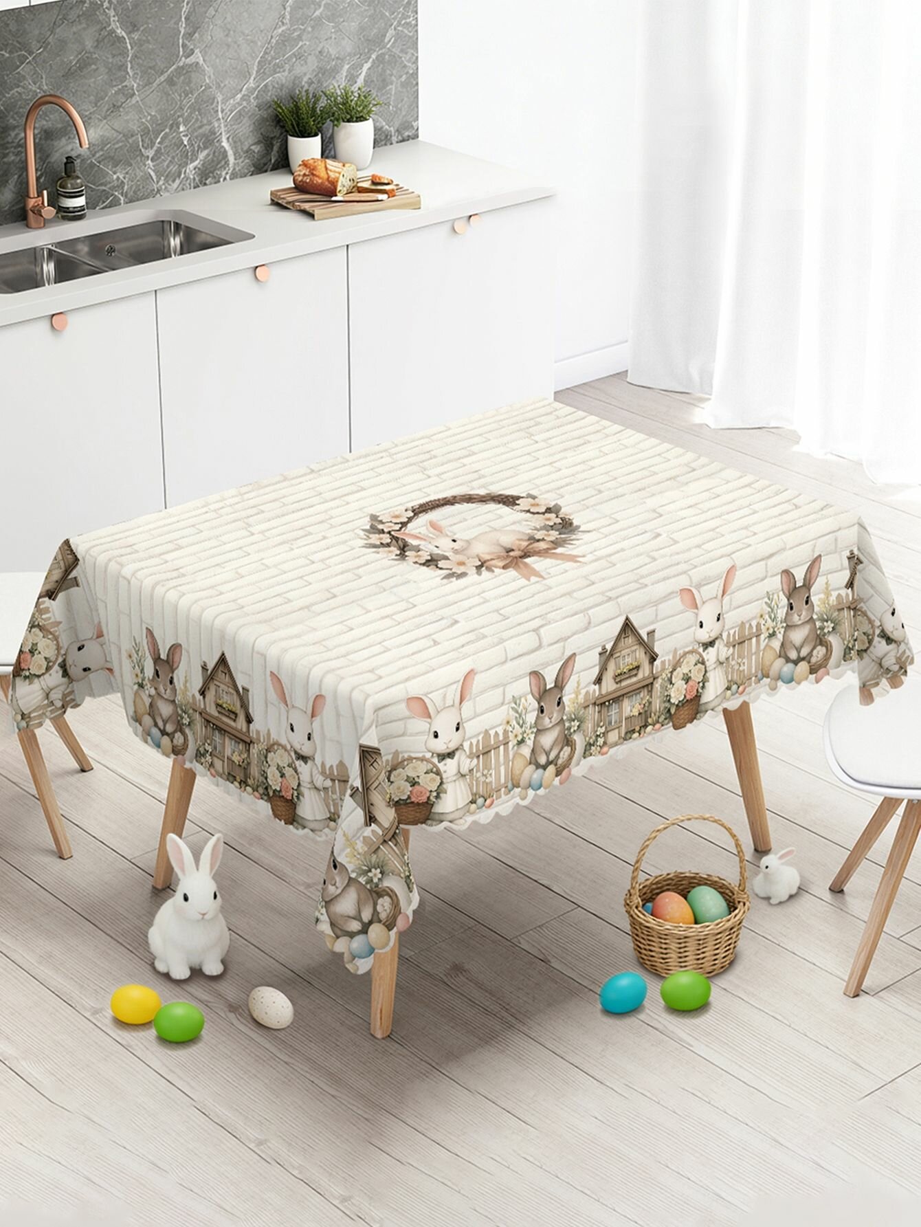 Весенняя скатерть на тему пасхального кролика-140x90cm-1 шт