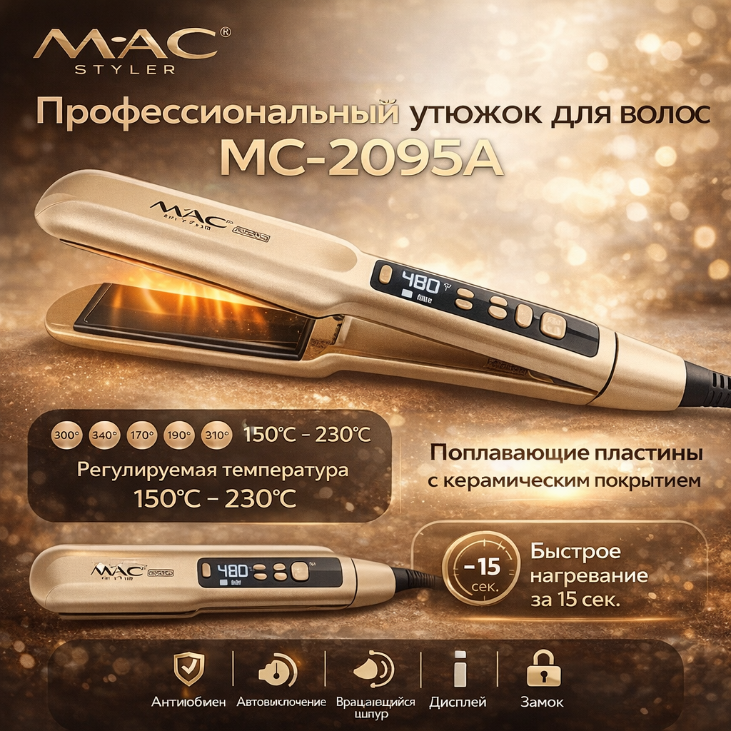 Профессиональный выпрямитель для волос MC-2095A с керамическими пластинами и цифровым дисплеем