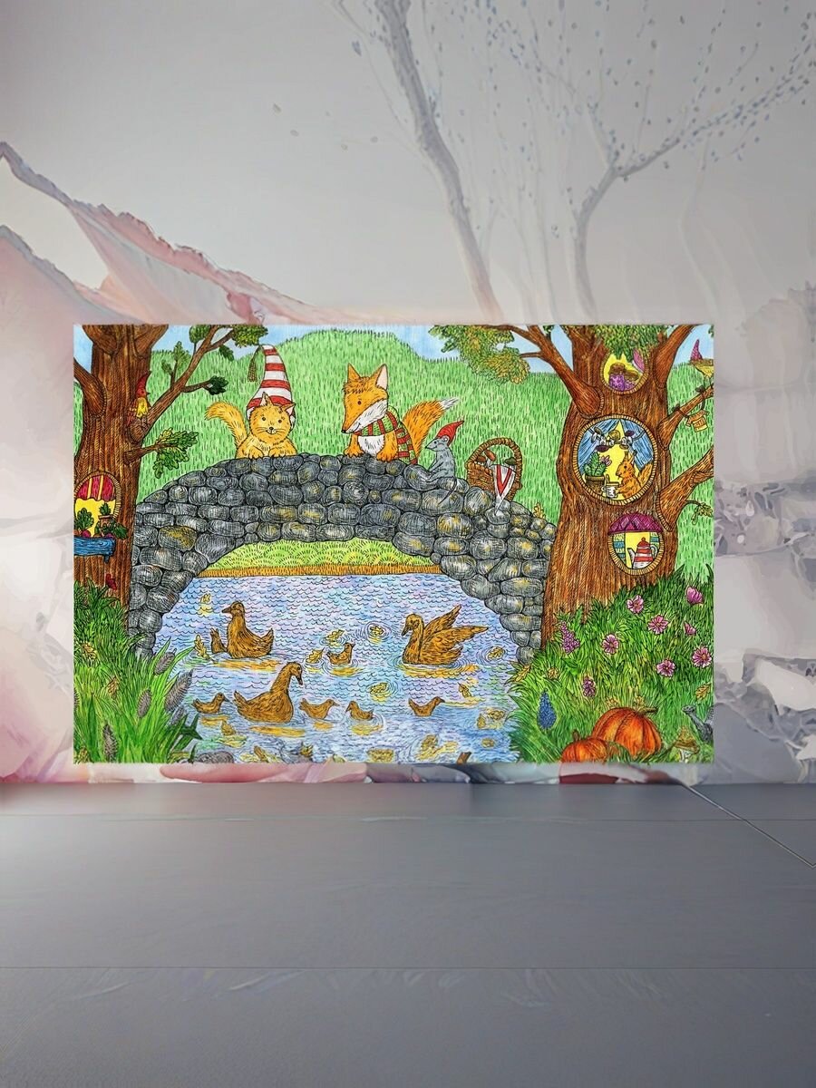 Открытка с Днем рождения с лисой и котом Поздравительная открытка с конвертом