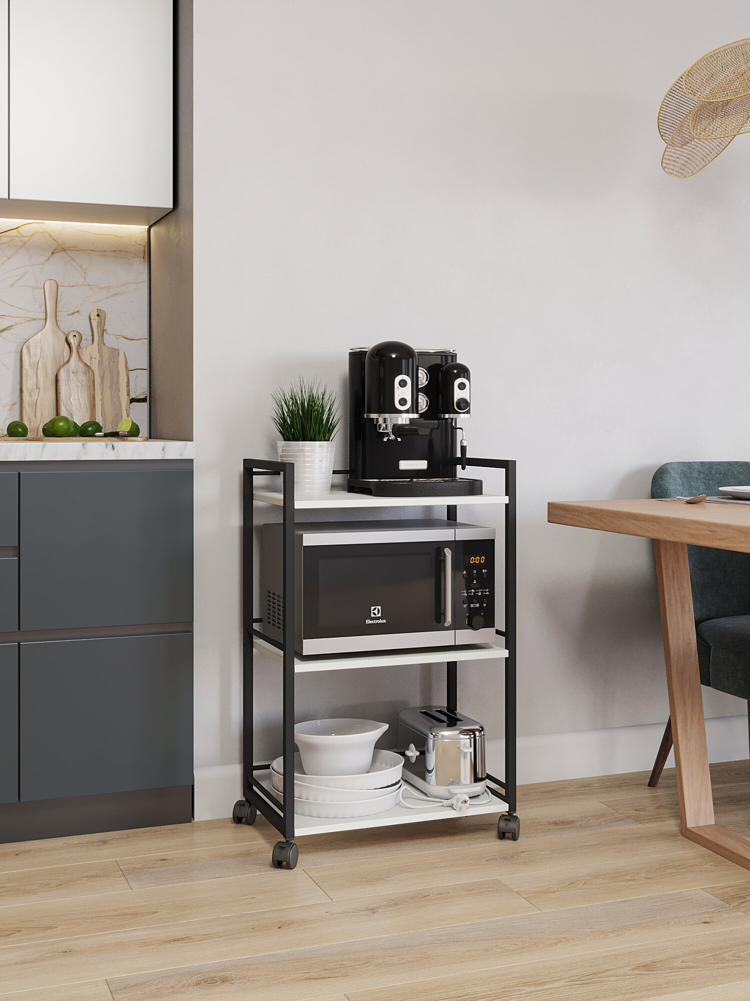 Этажерка косметологическая для мастера подкатная на колесиках черный/белый