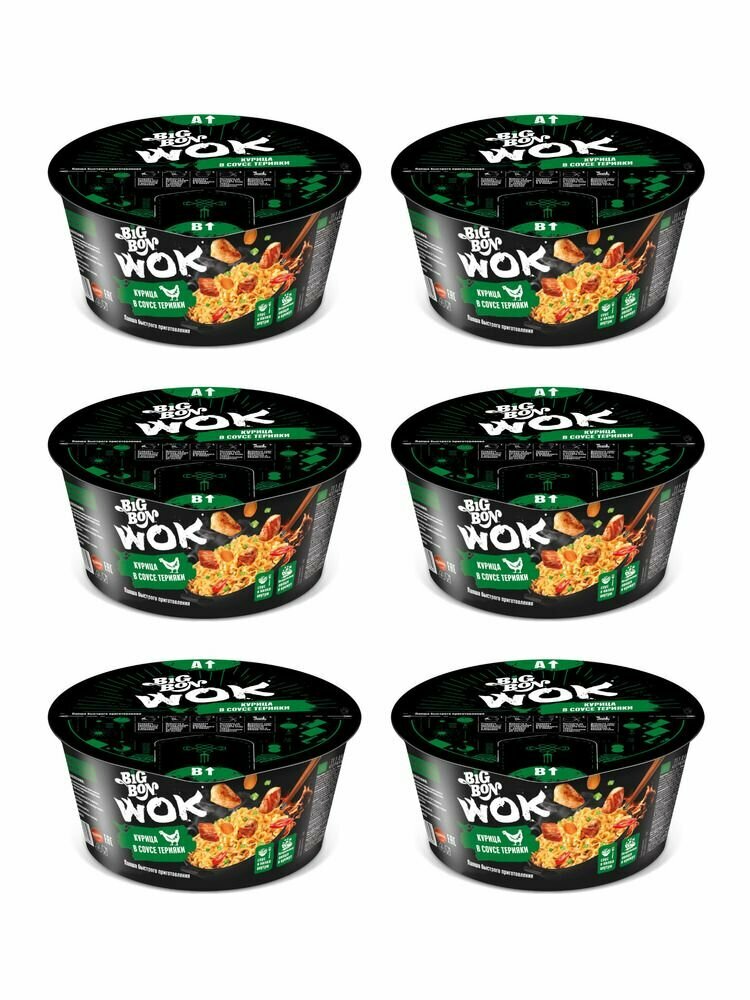 BIGBON Wok Лапша быстрого приготовления курица в соусе терияки, 85 г, 6 шт