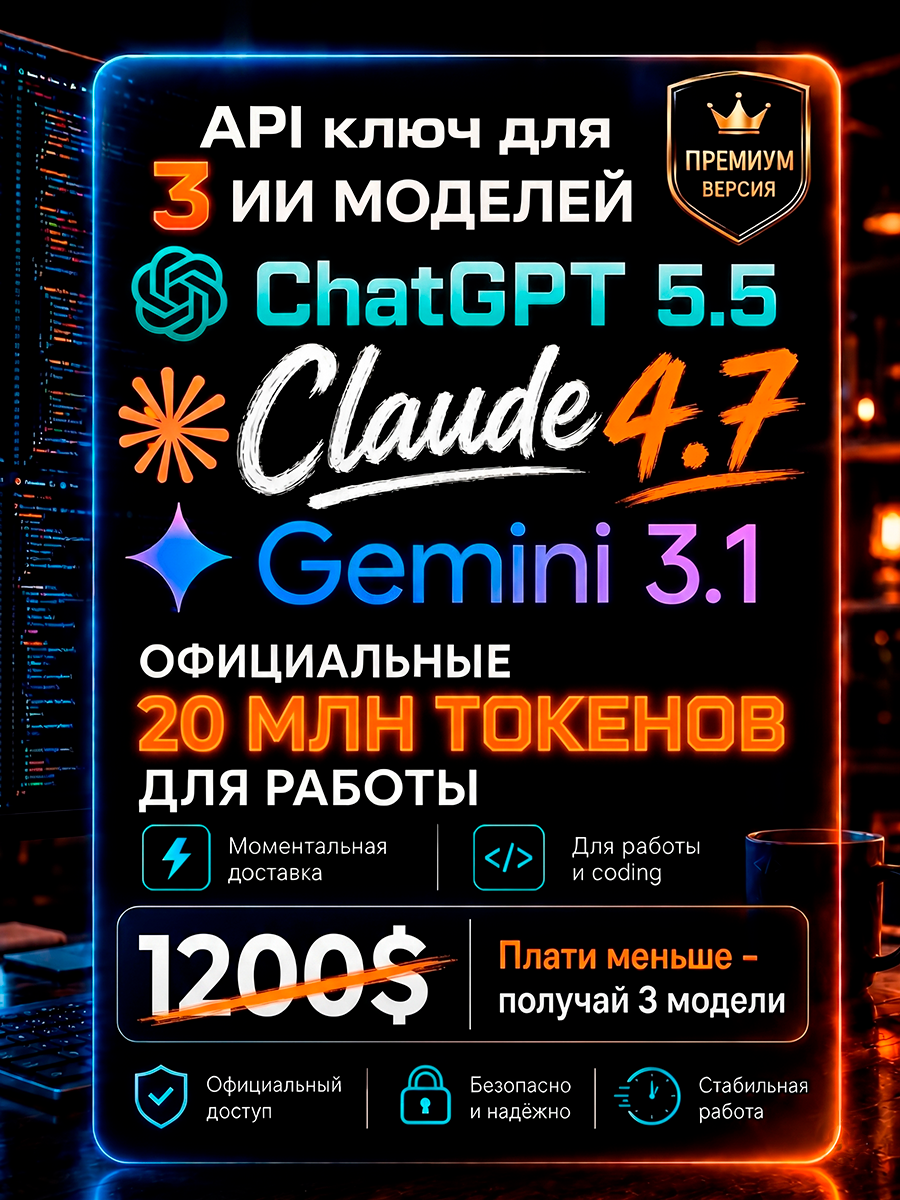 ChatGPT 5.5 + Claude Opus 4.8 + Gemini 3.1 PRO API-ключ 20 МЛН токенов|Официальный API ключ на все модели 20 млн токенов