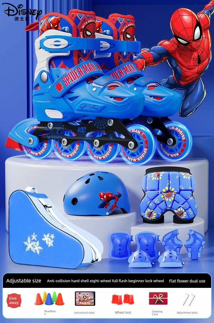 Роликовые коньки Spider-Man с сумкой для хранения и 8-компонентным защитным комплектом для мальчиков, размер 38-41,
