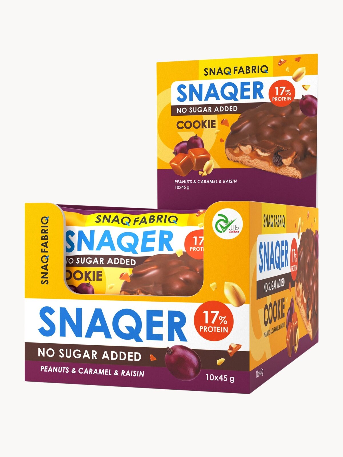 SNAQ FABRIQ Протеиновое печенье в шоколаде SNAQER "Арахис, изюм и карамель", 10 шт х 45 г
