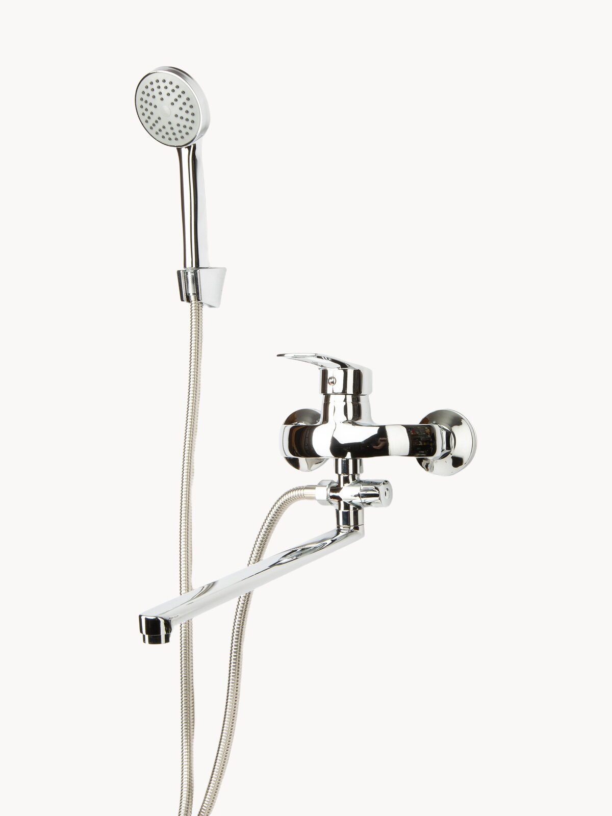 Смеситель для ванны, поворотный, длинный излив 30 см, с душем, хром