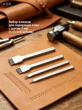 Строчный пробойник плоский для кожи шаг 3мм, набор 4шт