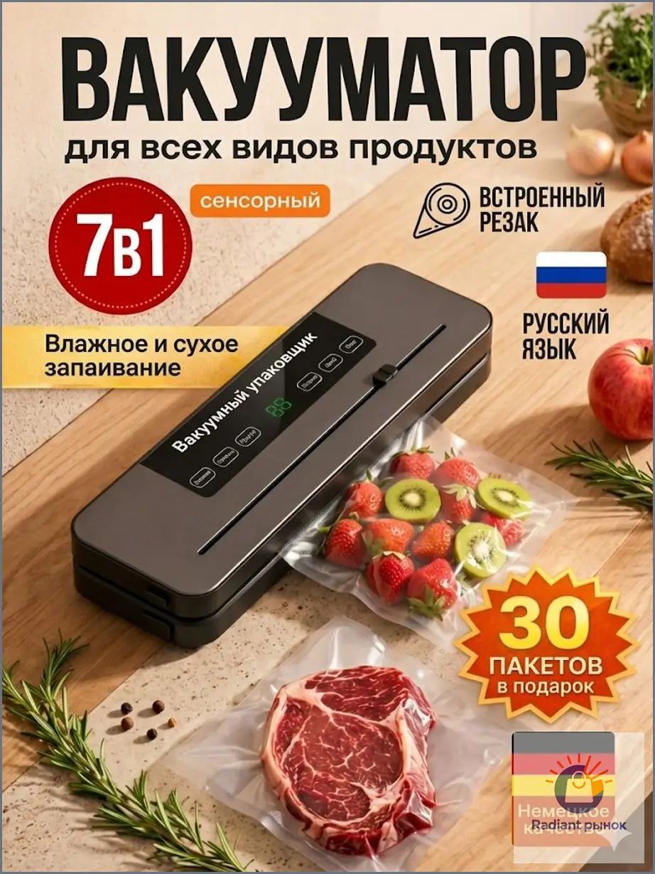 Вакууматор для продуктов с пакетами, 30штук и резаком/7в1 Smart Street/ Вакуумный упаковщик.
