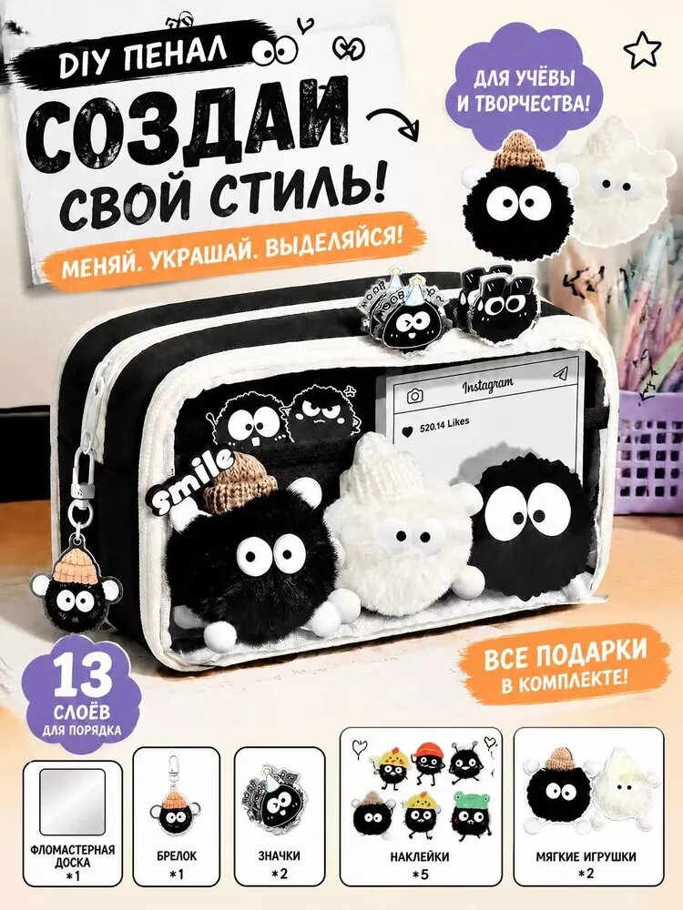 Пенал школьный для девочки черный. Большой прозрачный пенал аниме с окном (13 отделений), эстетичный