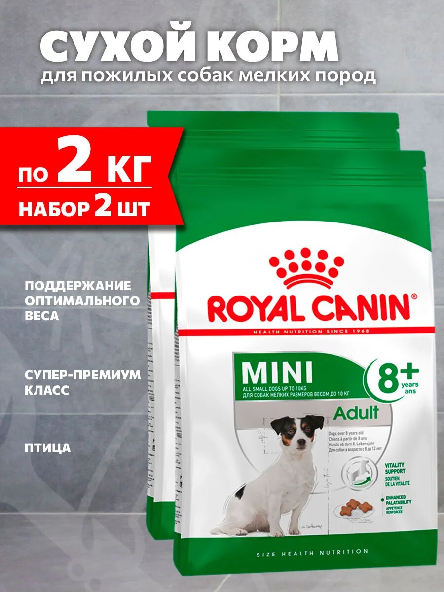 Корм сухой Royal Canin Mini Adult 8+ для пожилых собак маленьких пород старше 8 лет, 2 кг x 2 шт