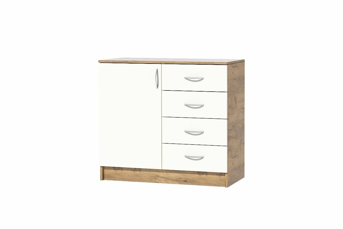 Комод 1 створка, ящики Кэт 7 Миндаль и Дуб Крафт золотой, ширина 90 см, с ящиками, с полками, в спальню, в гостиную, в кабинет