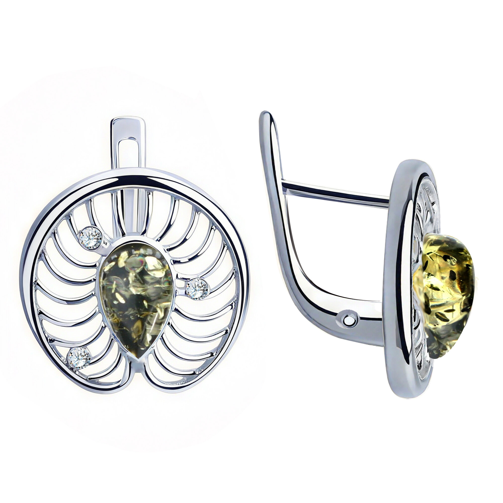 Серьги, серебро, 925 проба, родирование, янтарь, кристалл