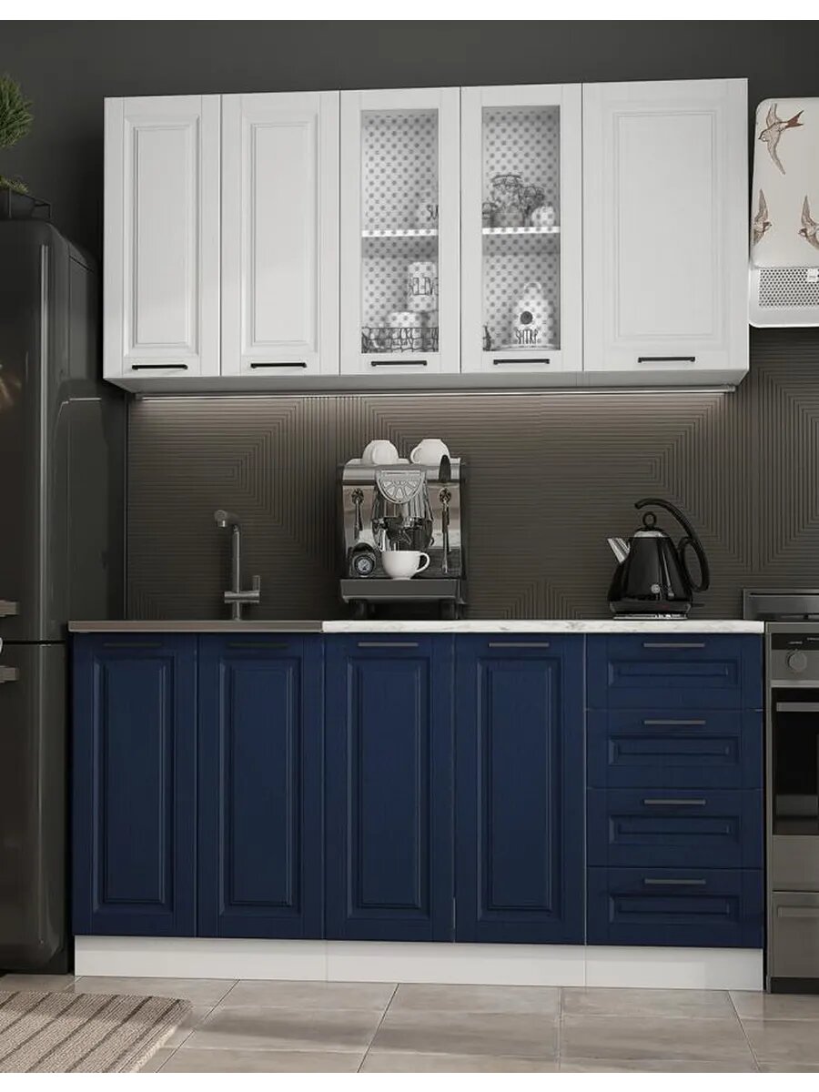 Кухонный гарнитур Вита 1.6 м, мебель для дома и кухни, Белый / Шато Белый-Индиго