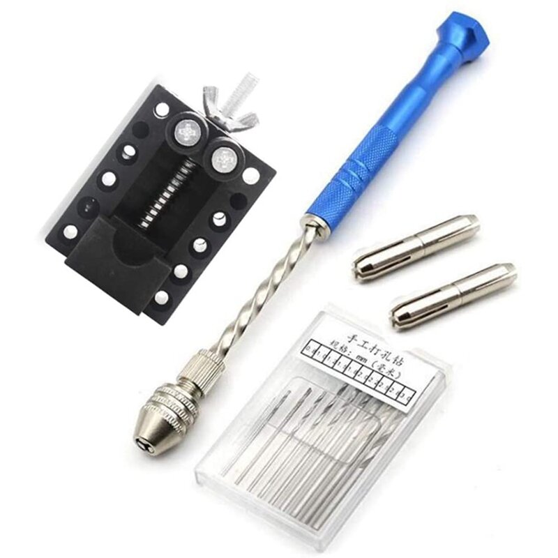 Набор из 12 ручных сверл с тисками, 10 мини-сверл с вращающимся инструментом для ручной дрели и тисками для верстака по дереву, пластику