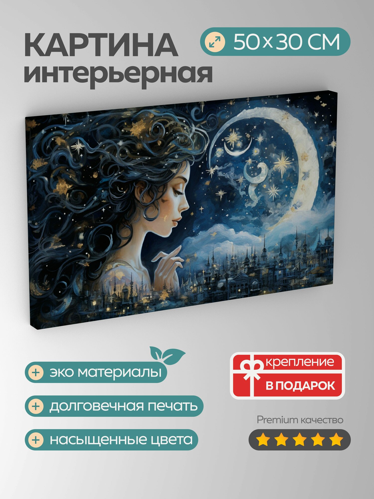 Картина на холсте интерьерная 50х30 см, картина, искусство, смешанная техника, ночное небо, Клод Моне, живопись, коллаж