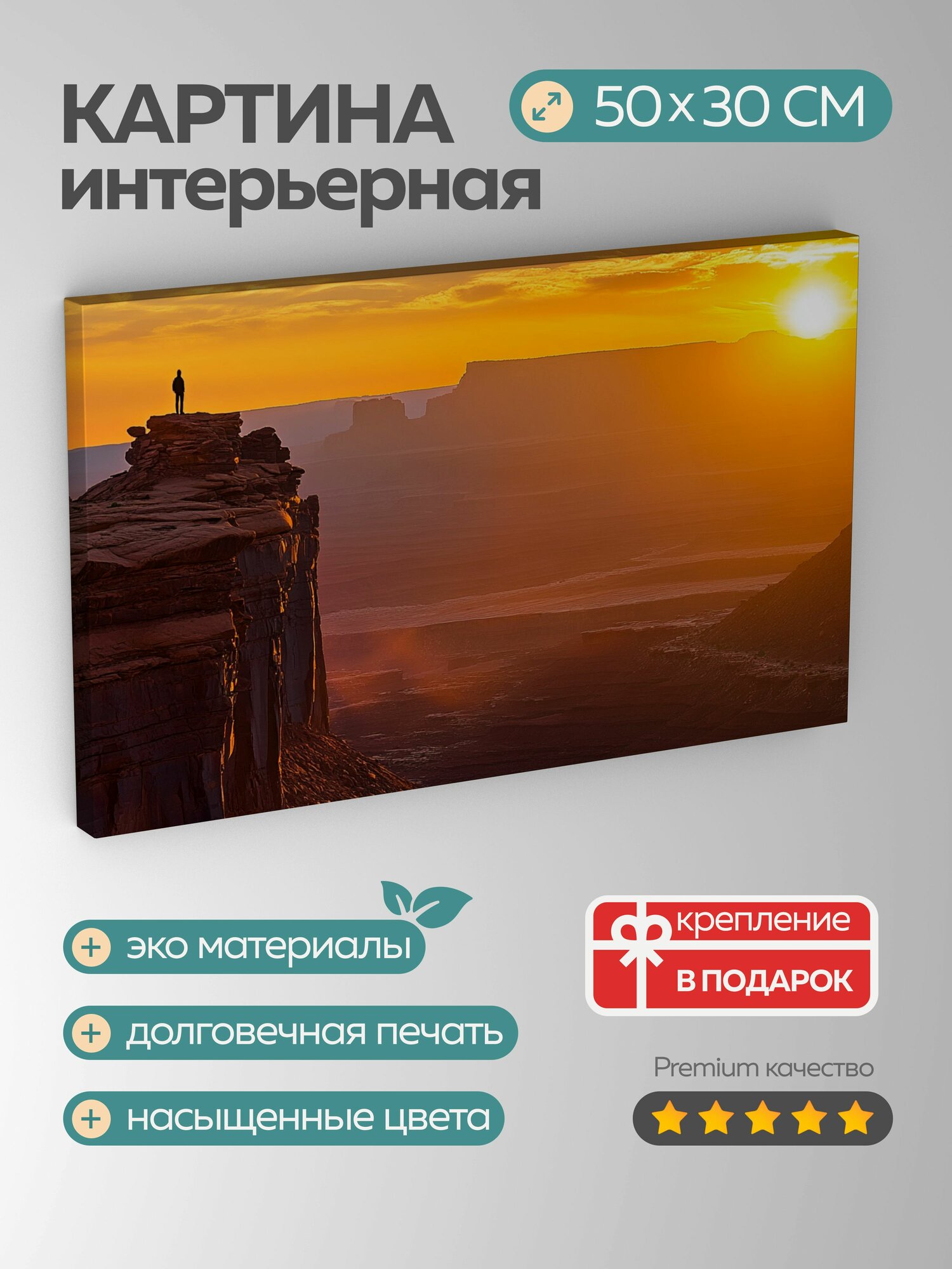 Картина на холсте интерьерная 50х30 см, фотография, силуэт, закат, горный пик, одиночество, внутренняя сила, Canon