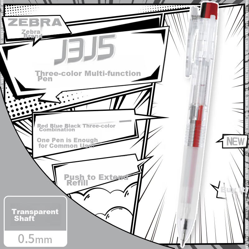 ZEBRA Multi-Function Three-Color Gel Pen, Black/Blue/Red 0.5mm Retractable Multi-Color Pen, Student Business Office Signing Pen J3J5, Transparent Barrel