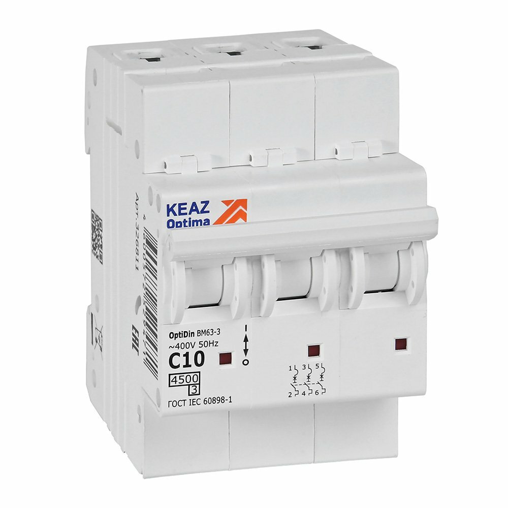 КЭАЗ OptiDin BM63 Автоматический выключатель 3P 10А C 4,5кА AC (BM63-3C10-4,5-УХЛ3), 326811