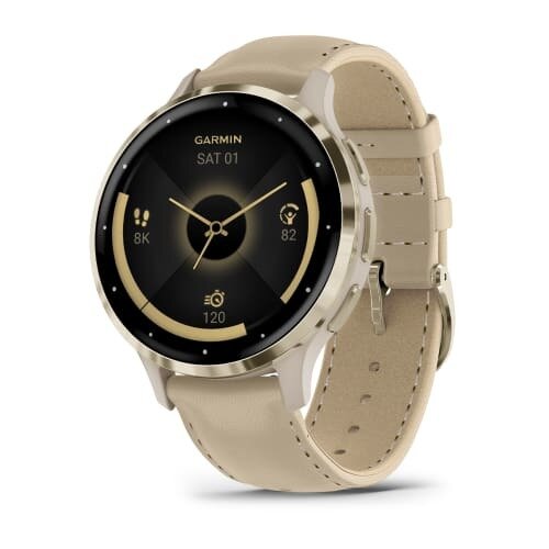 Часы Garmin Venu 3S цвета "французский серый" с золотистым безелем и кожаным ремешком